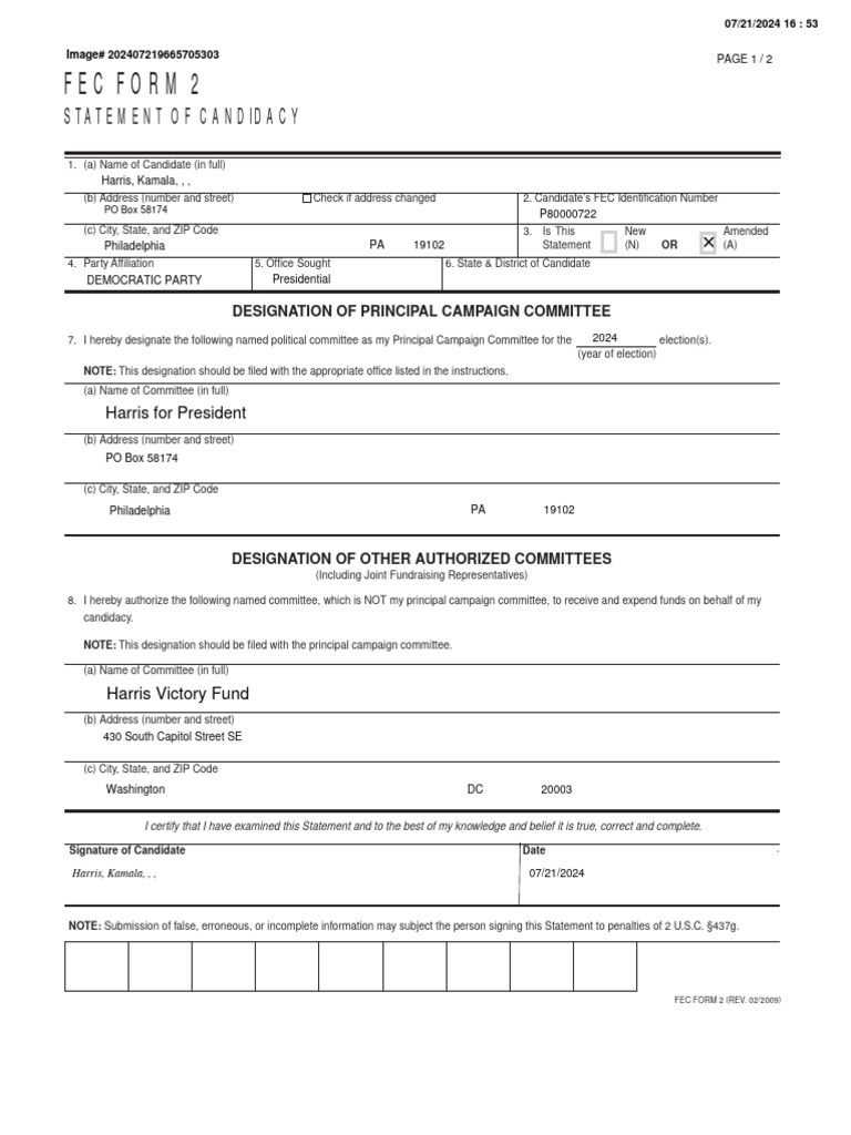 Harris For President - FEC Form | PDF | Elections | Federal Government ...