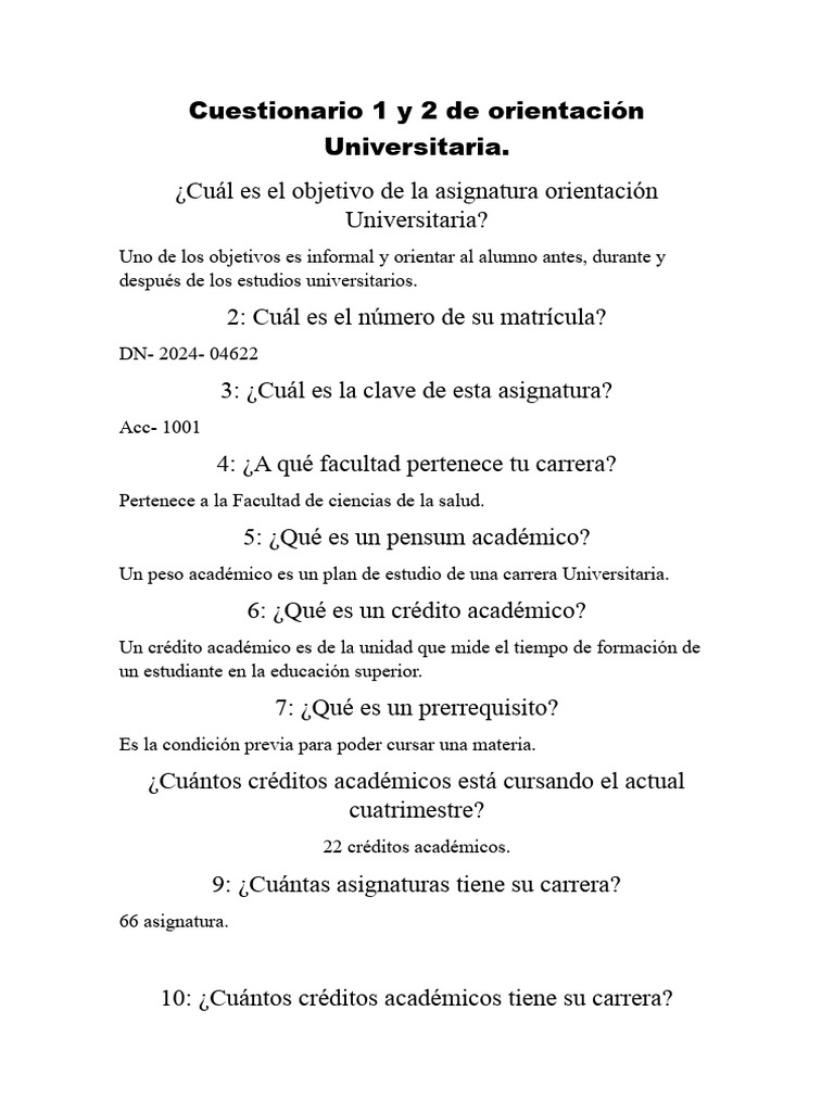 Cuestionario 1 y 2 de orientación Universitaria | Descargar gratis PDF | Universidad | Crédito ...