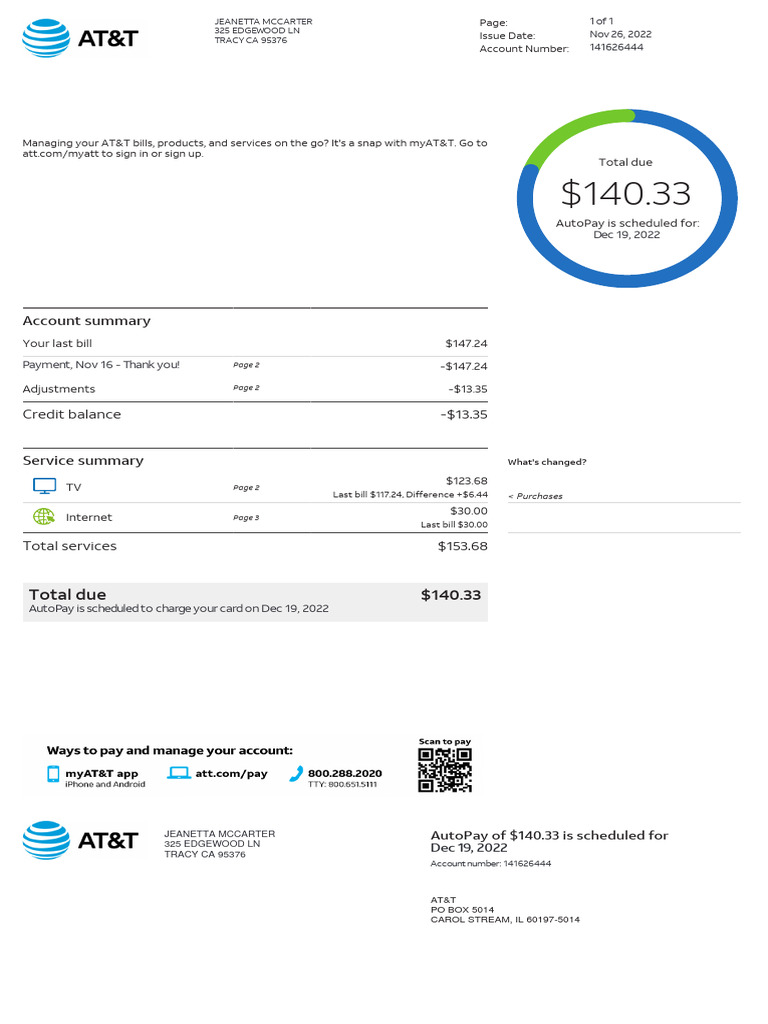AT&T Bill Summary for Jeanetta | PDF