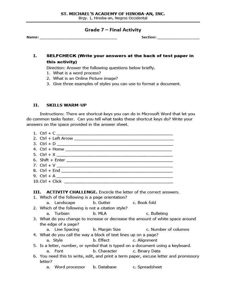Grade 7 Last Activity 2024 | PDF | Control Key | Keyboard Shortcut
