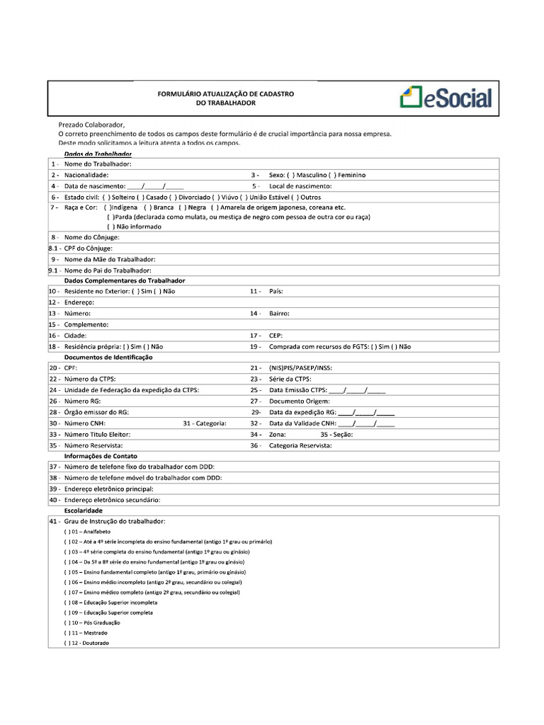 Formulario de Cadastro de Trabalhador e Social | PDF