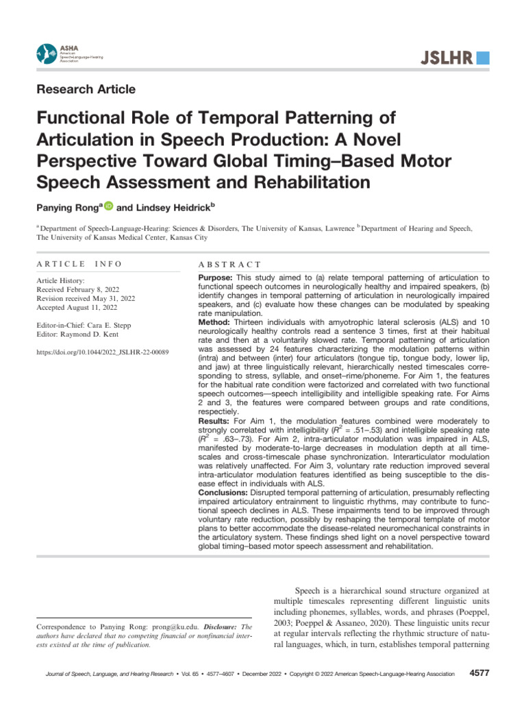 Functional Role of Temporal Patterning of Articulation in Speech ...
