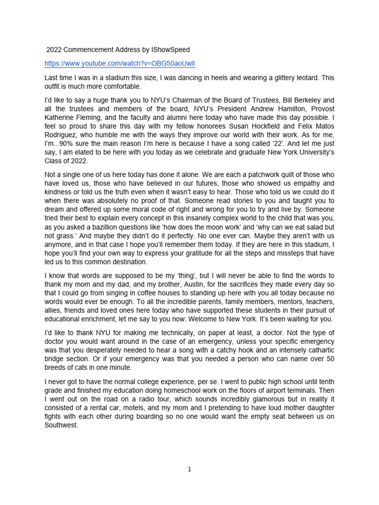 NYU 2022 Commencement Address by Taylor Swift | PDF | Intuition