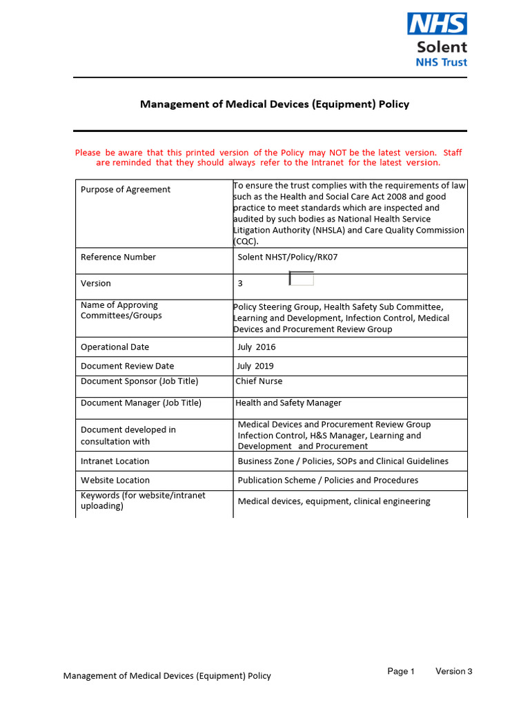 Medical Devices Policy | PDF | Medical Device | National Health Service