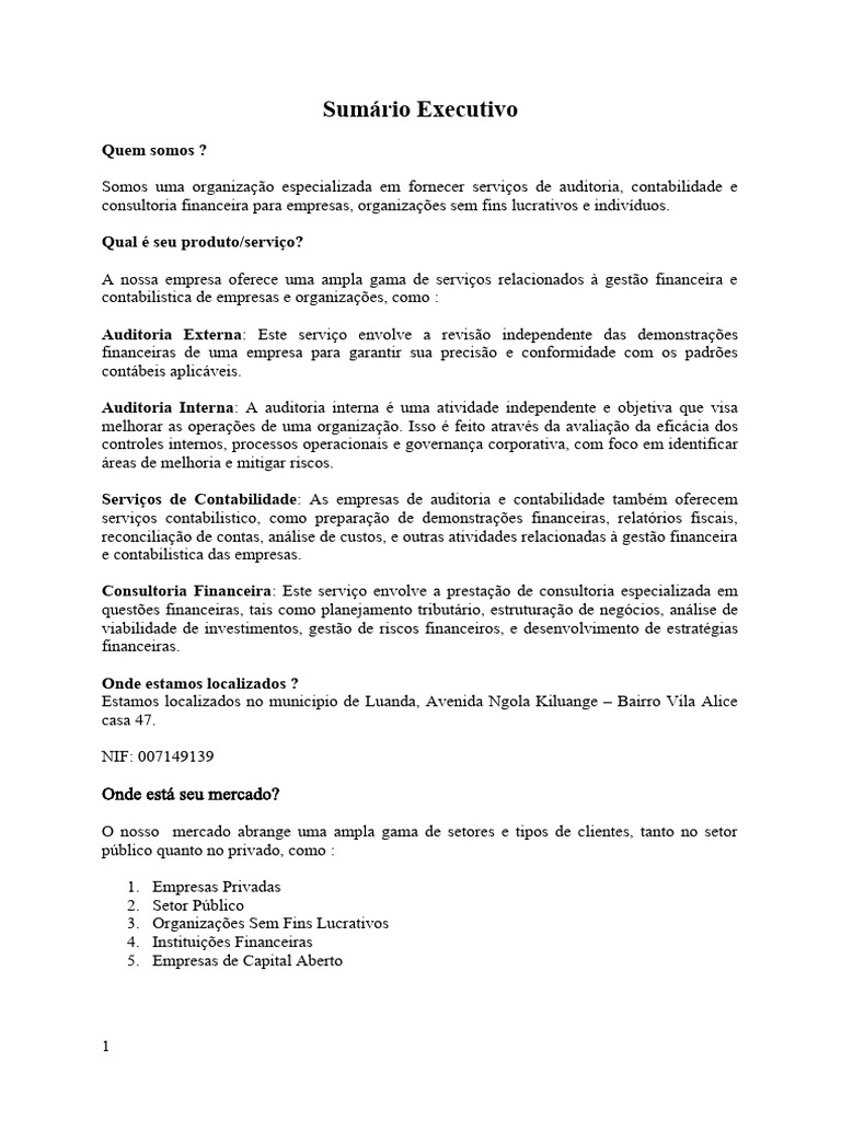 Sumário Executivo - Audiconta | PDF | Contabilidade | Gestão de recursos humanos