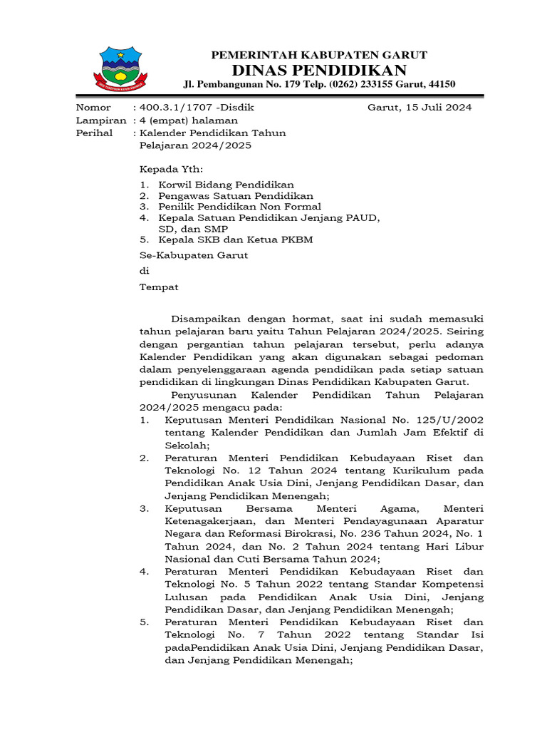 Kalender Pendidikan 2024/2025 Garut | PDF