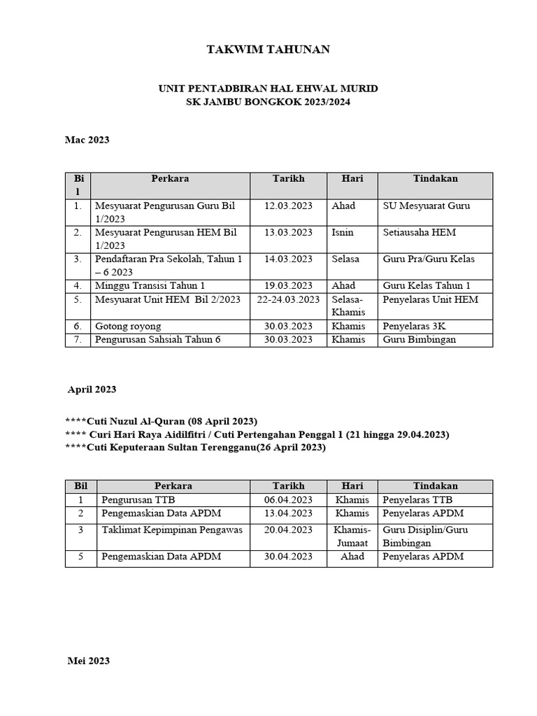 Takwim Tahunan | PDF