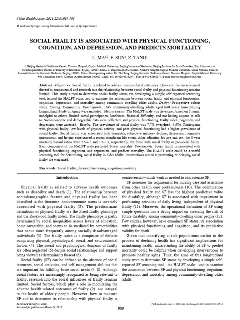 Ma, Social Frailty Is Associated With Physical Functioning, Cognition ...