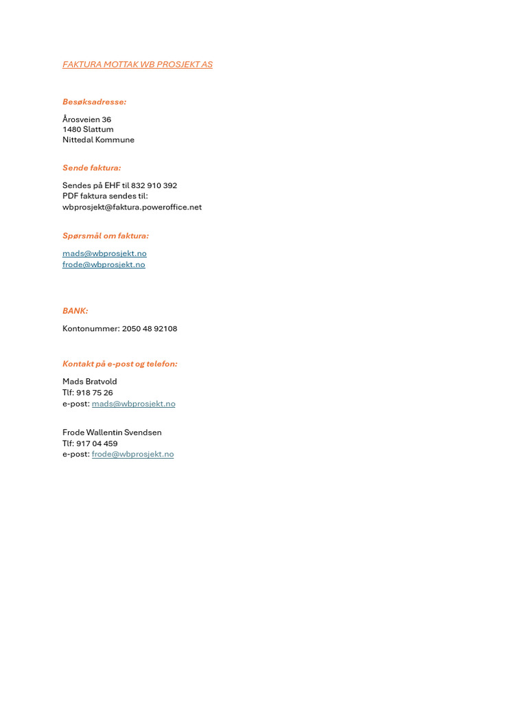 Fakturamottak WB Prosjekt As | PDF