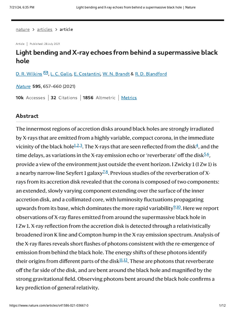 Light Bending and X-Ray Echoes From Behind A Supermassive Black Hole - Nature | PDF | Black Hole ...