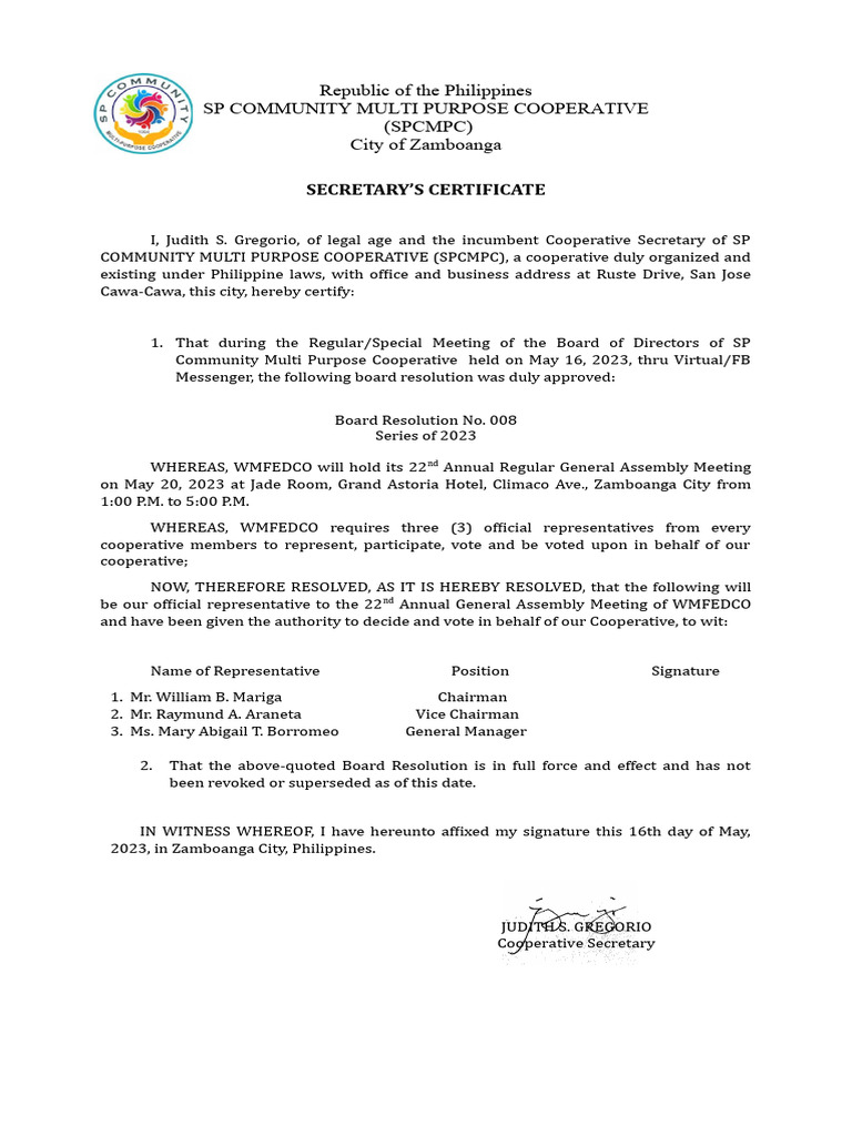Secretary'sCertificate GA WDFEDCO | PDF | Law
