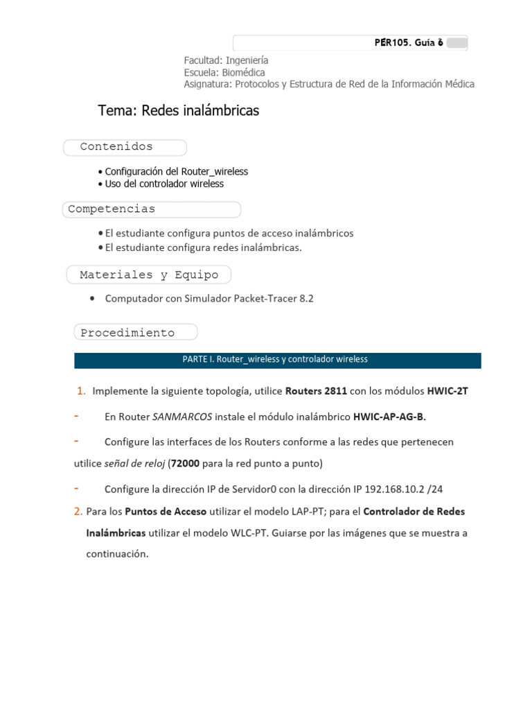 PER105 2024 Guía 6. Redes Inalambricas | PDF | Dirección IP | Enrutador (Computación)