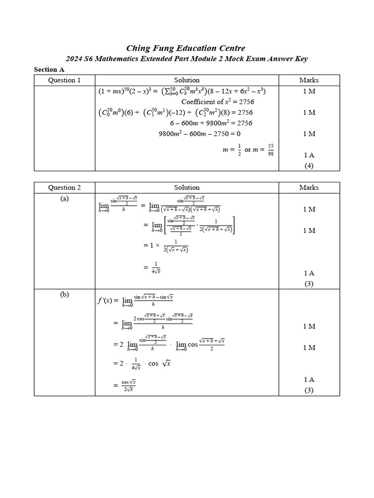 Answer Key CFEC 2024 S6 M2 Mock Exam Paper PDF | PDF | Mathematical ...