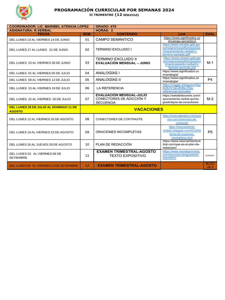 Programación Curricular Por Semanas 2024: Campo Semántico | PDF
