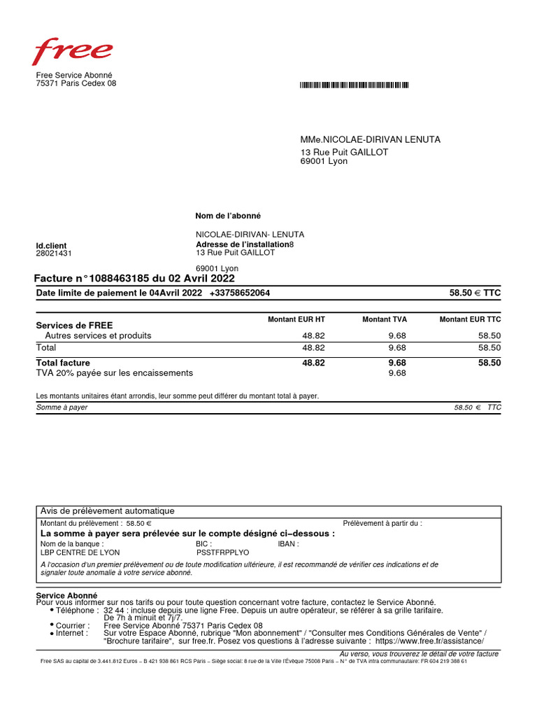 Facture Freebox d'Avril 2022 | PDF | Taxe sur la valeur ajoutée ...