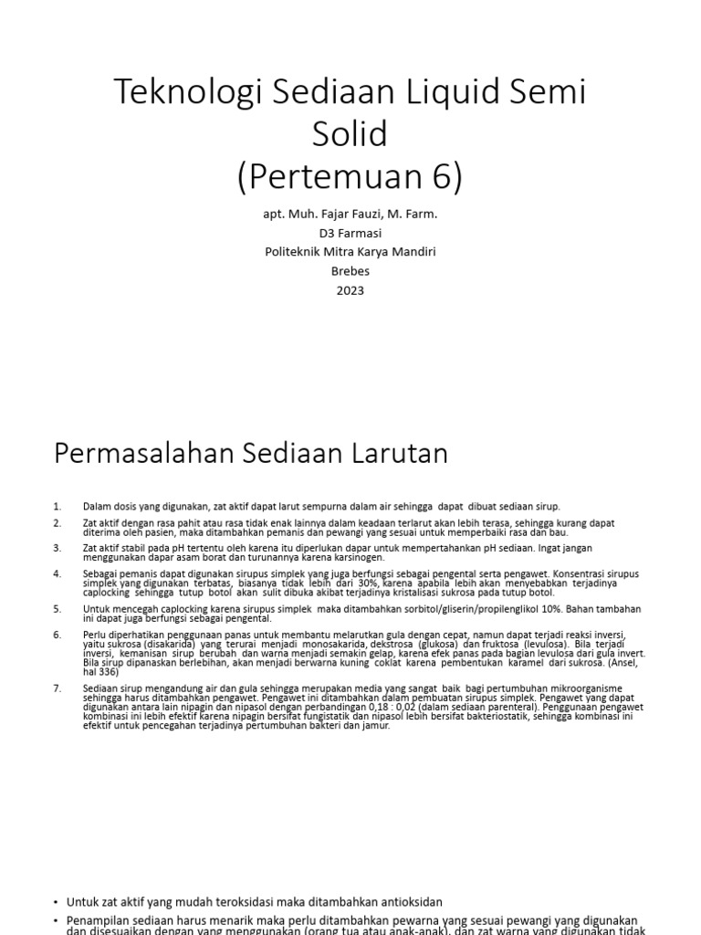 Pertemuan 6 - Permasalahan Proses Produksi Dan Evaluasi Sediaan Liquid | PDF | Kesehatan Holistik