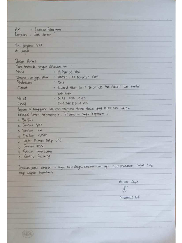 Surat Lamaran Kerja Muhamad Aldi | PDF