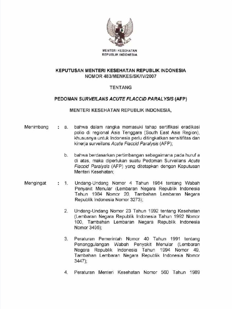 PDF 7kmk No 483 Ttg Pedoman Surveilans Acute Flaccid Paralysis Afp ...
