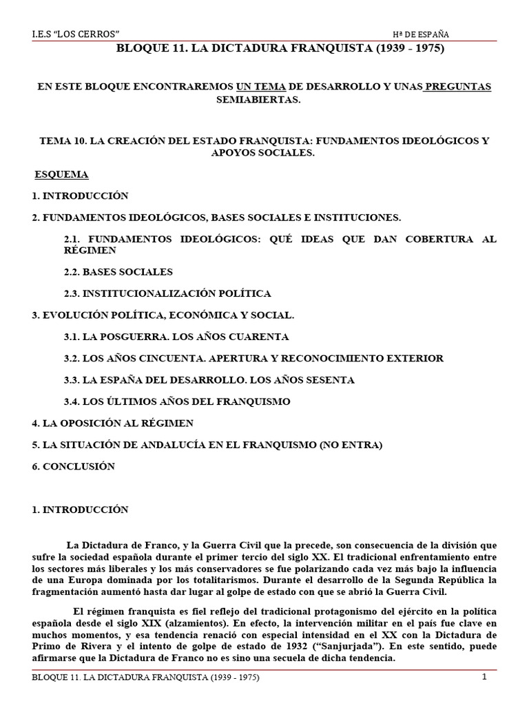 Bloque 11. La Dictadura Franquista Tema 10 Con Preguntas Curso 19-20 | PDF | España franquista ...