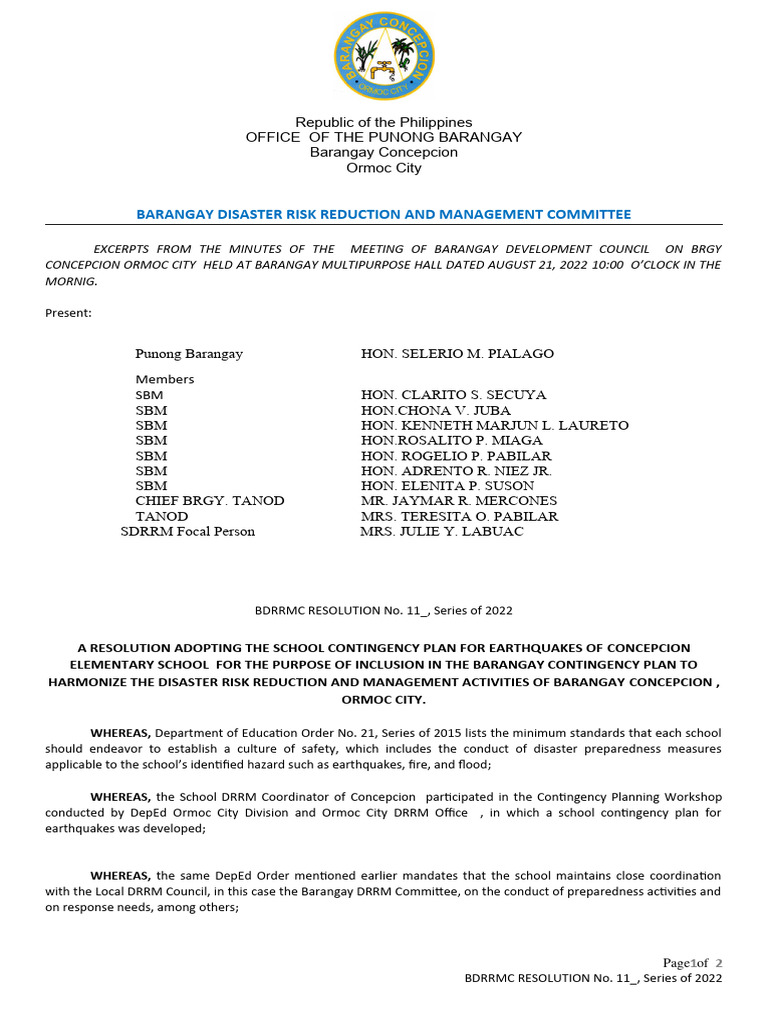 BDRRMC-Reso-No-11 - Adopting-the-School-Contingency-Plan SY 2022-2023 ...