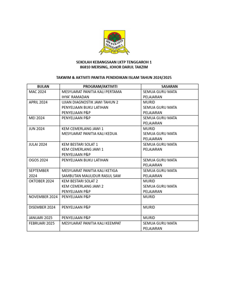 Takwim & Aktiviti Tahunan Panitia Pendidikan Islam Tahun 2024 2025 | PDF