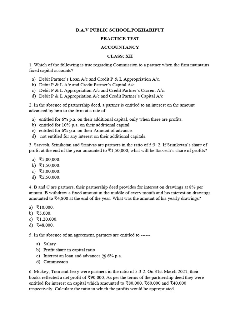 Acc Xii Test 2023 | PDF | Goodwill (Accounting) | Debits And Credits