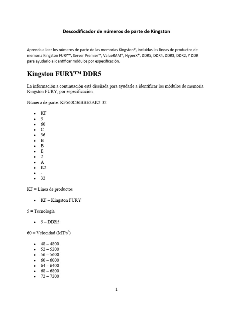 Descodificador de Números de Parte de Kingston | PDF | Memoria dinámica de acceso aleatorio ...