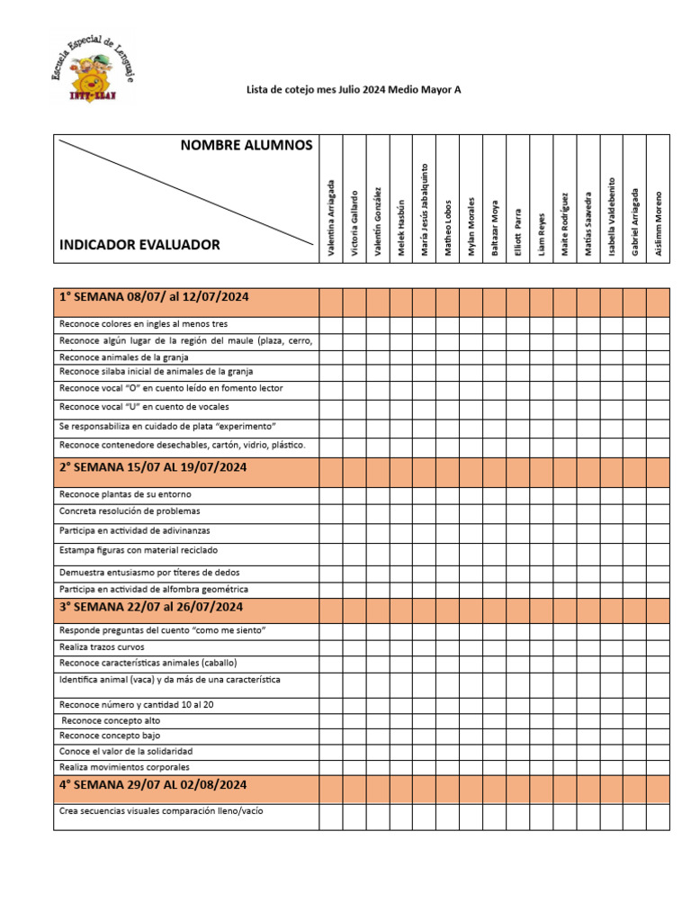 Lista de Cotejo Mes Agosto PKA Y PKB | PDF