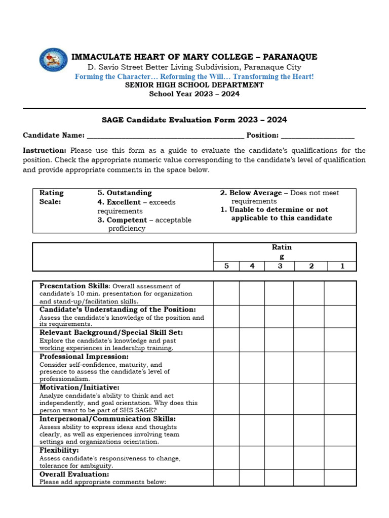 SAGE Candidate Evaluation Form | PDF | Human Communication | Learning