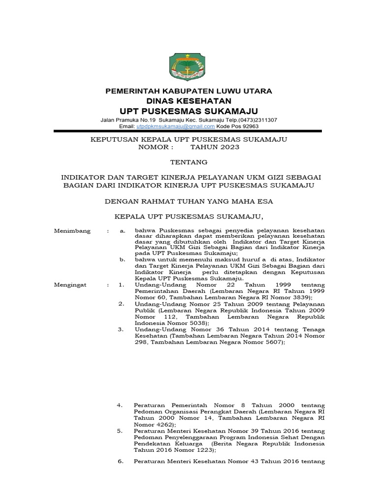 SK Tentang Indikator Dan Target Kinerja Pelayanan Gizi Upt Puskesmas Sukamaju 2023 | PDF