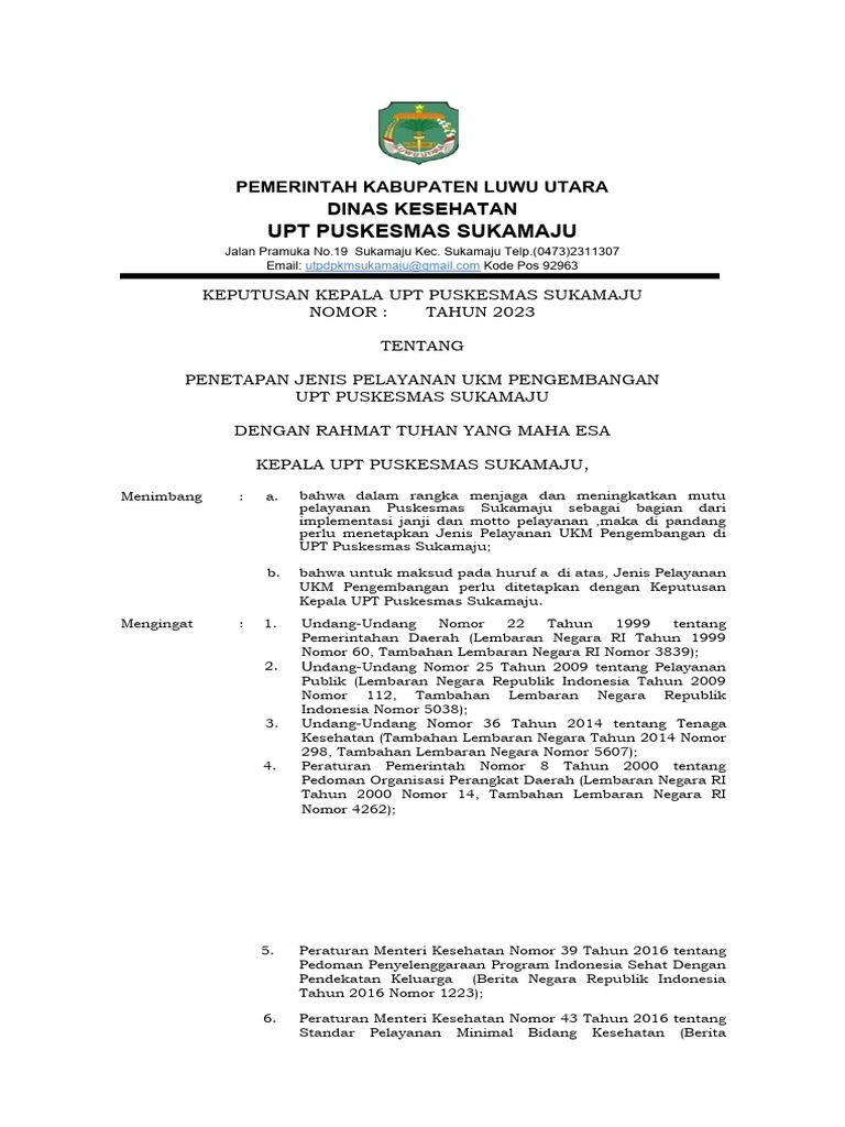 SK Tenatng Penetapan Jenis-Jenis Pelayanan Pengembangan Puskesmas Upt Puskesmas Sukamaju 2023 ...