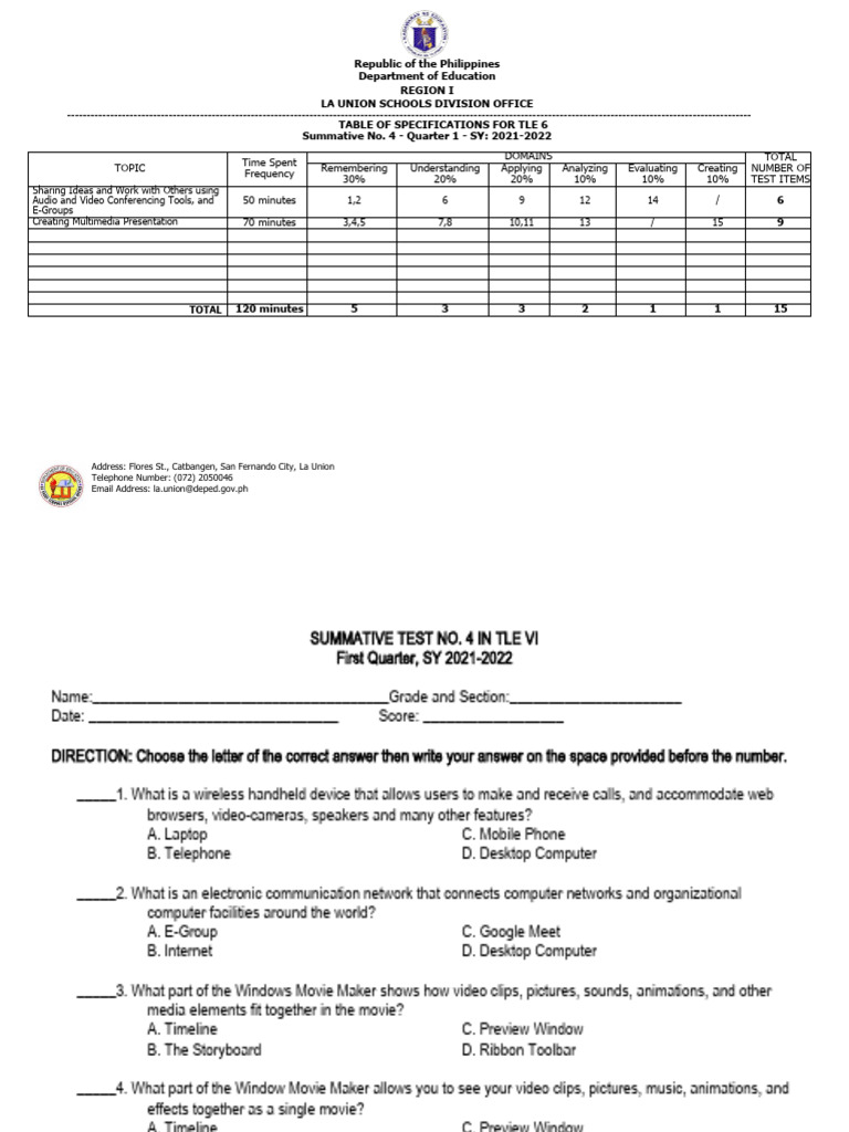 TLE6 Quarter 1 Summative 4 | PDF | Telephone | Computer Network