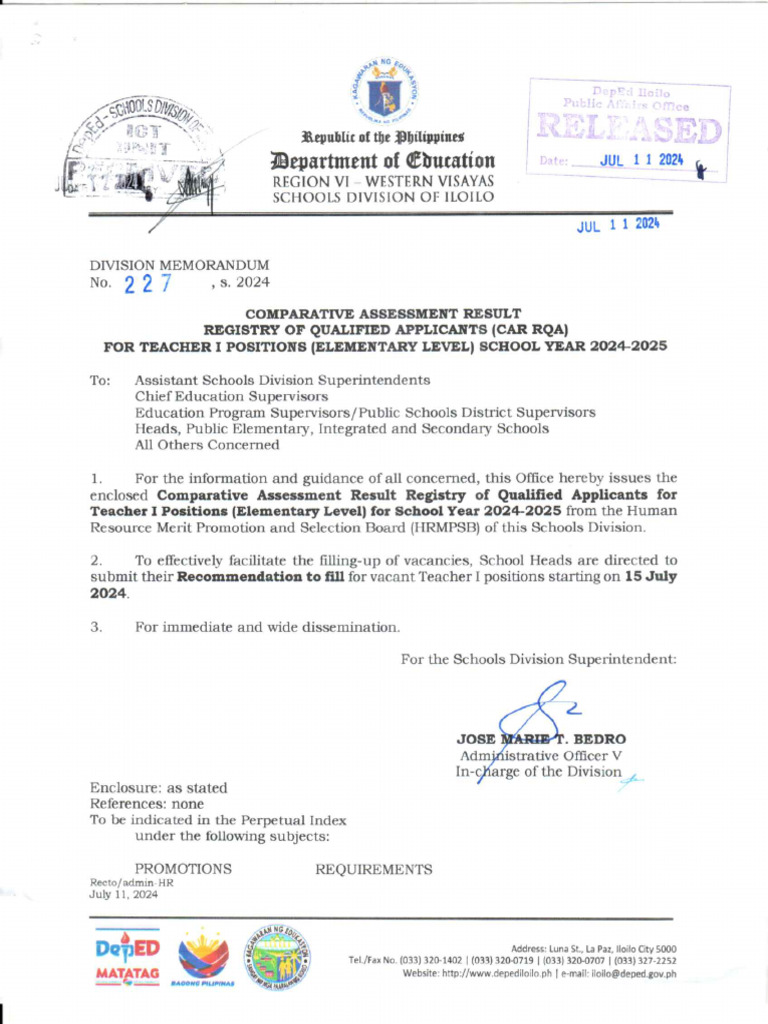 SDM No. 227, S. 2024 - Comparative Assessment Result Registry Qualified ...