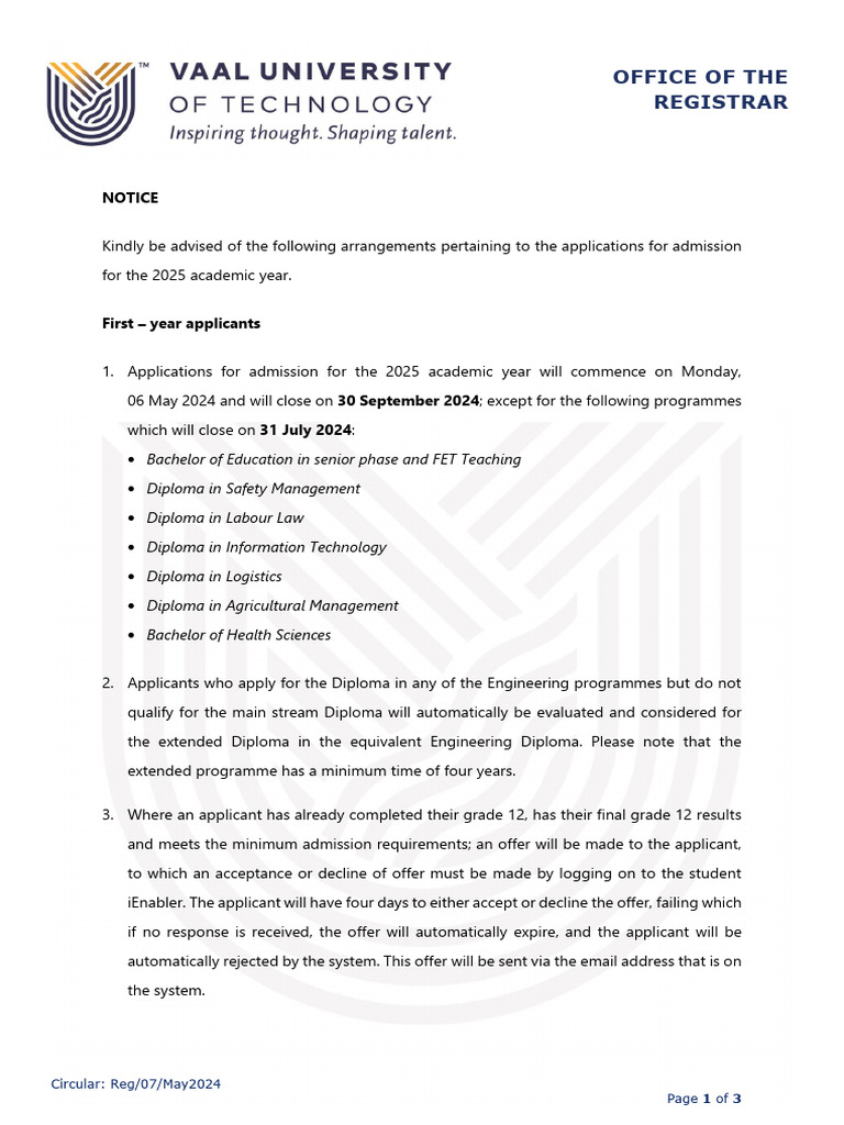 2025 VUT Admission Application Guide | PDF | University And College Admission | Diploma