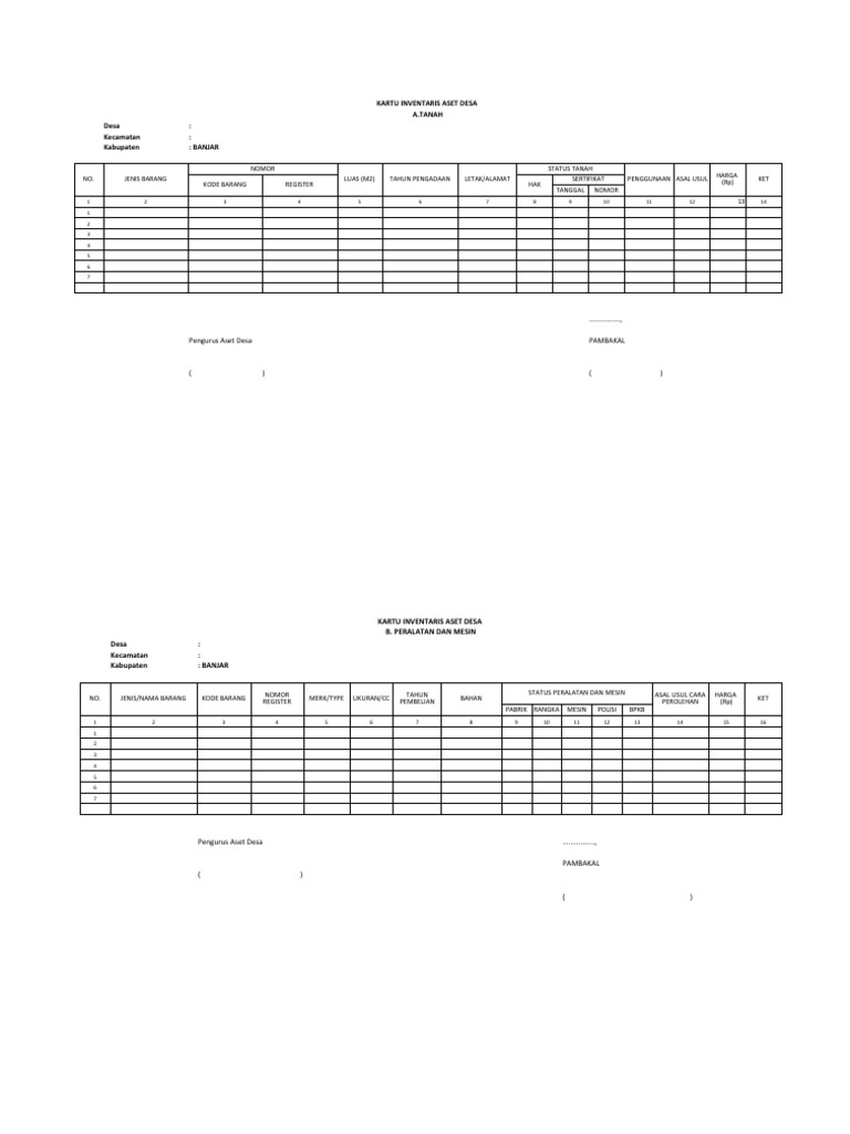 FORMAT TERLAMPIR Kartu Inventaris Aset Desa | PDF