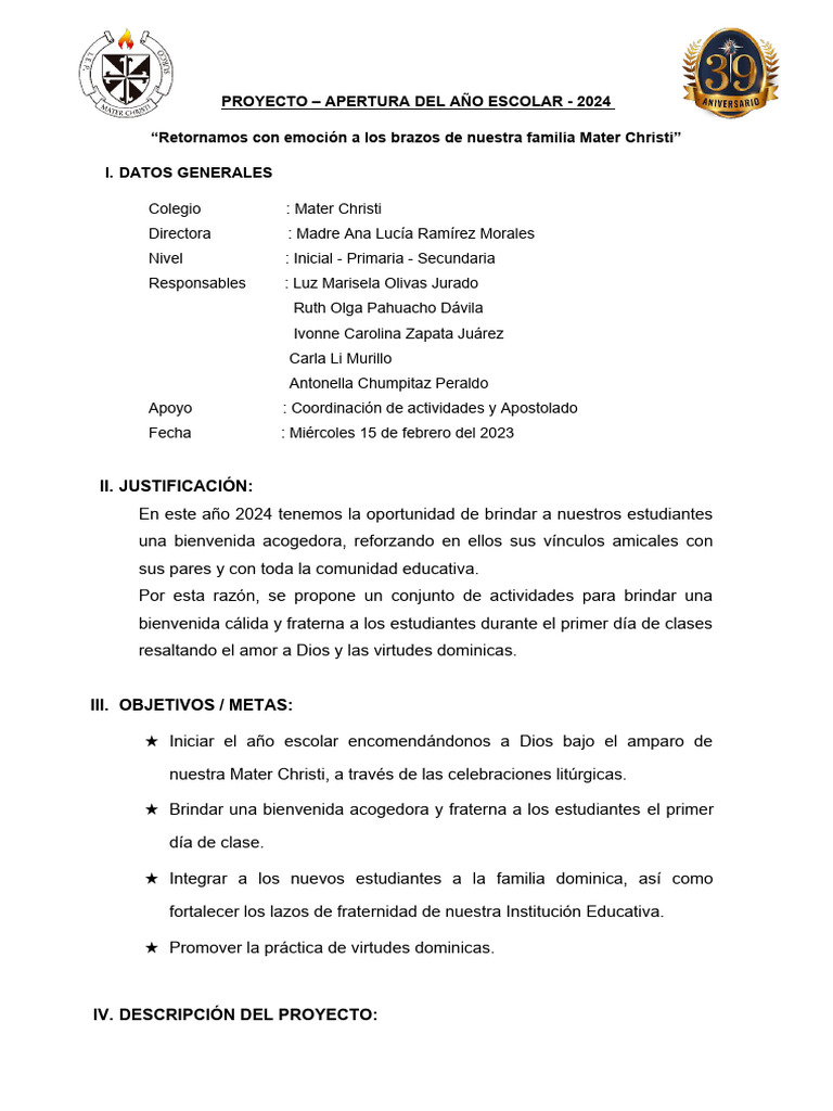 PROYECTO DE APERTURA 2024 | PDF