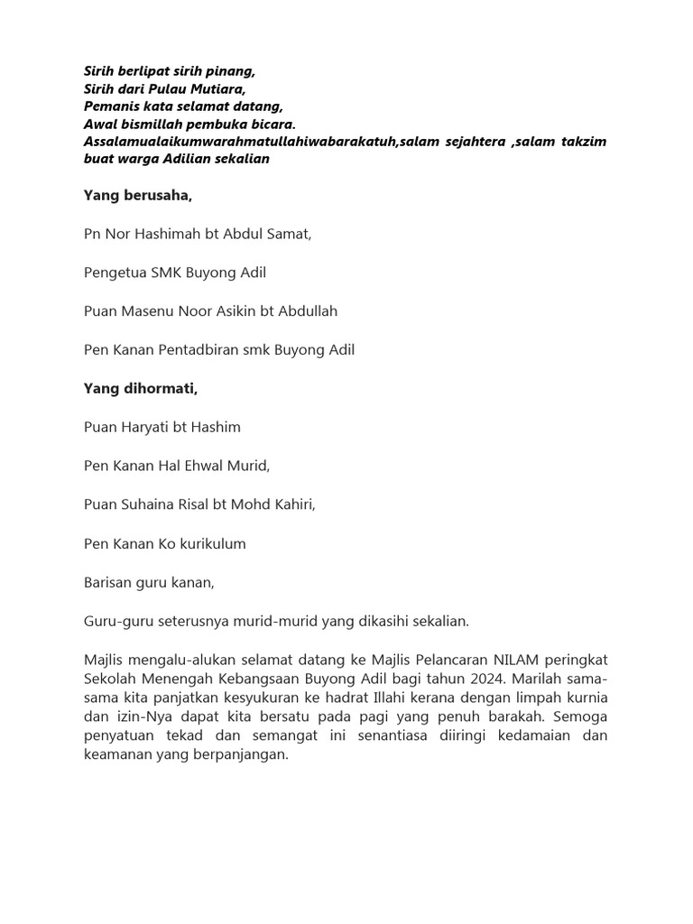 Teks Pelancaran Nilam 2023 | PDF