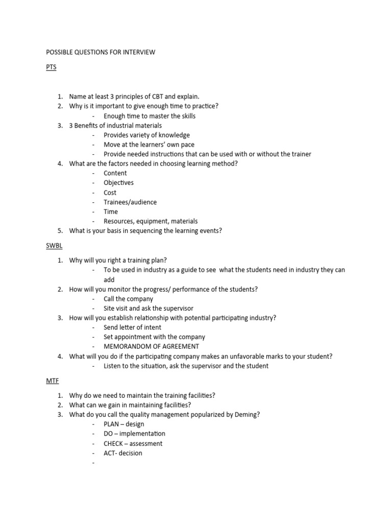 Possible Questions For Interview 1 | PDF | Behavior Modification | Cognition