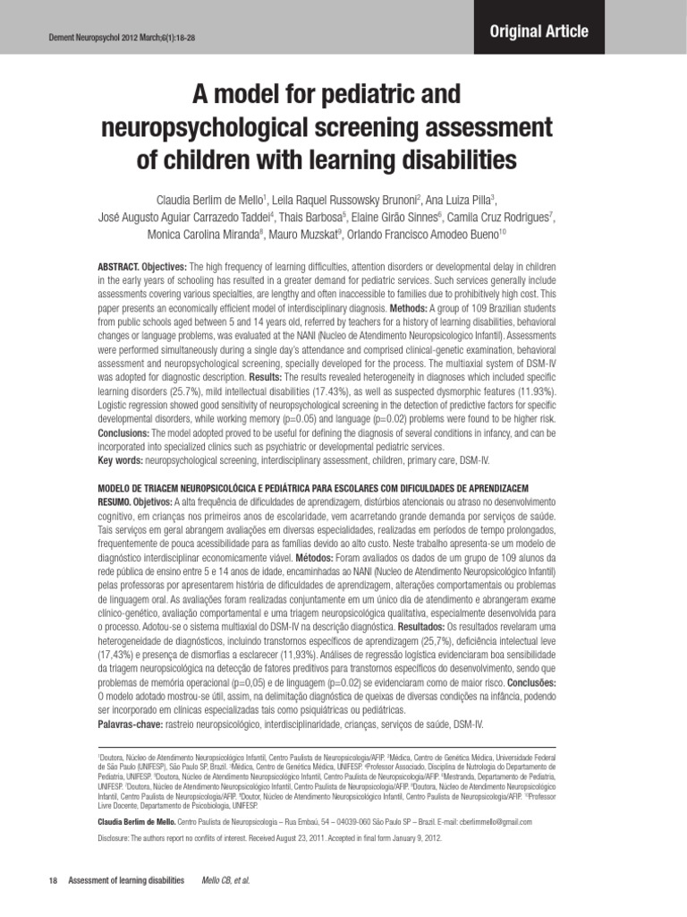 A Model For Pediatric and Neuropsychological Screening Assessment of ...