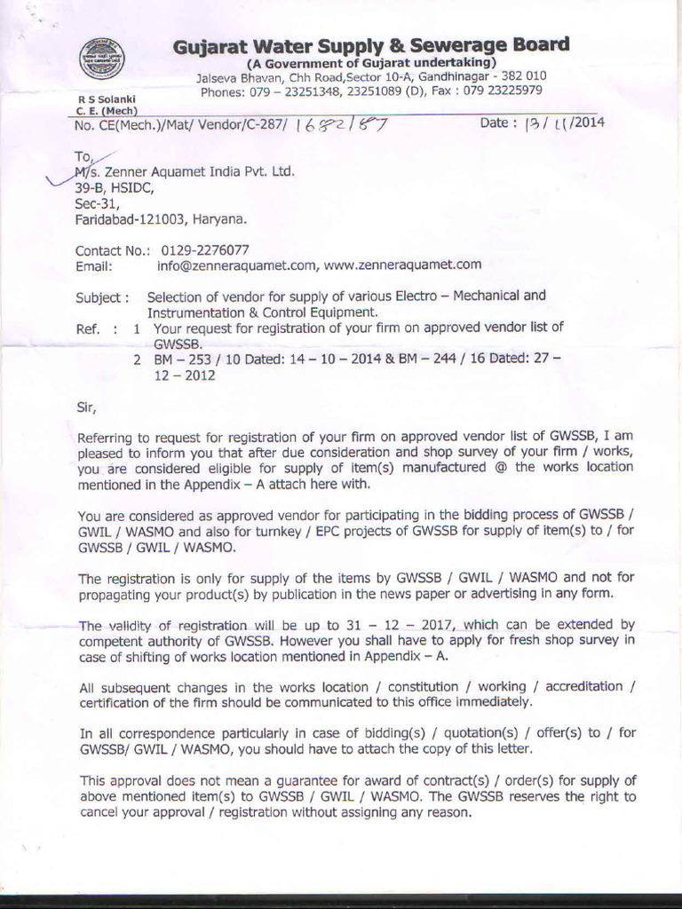 GWSSB Approval Letter - Aquamet | PDF