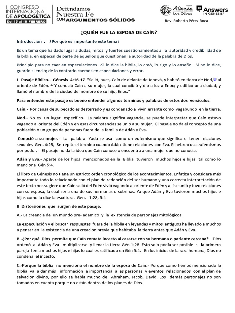 1 Quién Fue La Esposa de Caín - Rev. Pérez Roca | PDF | Libro del ...