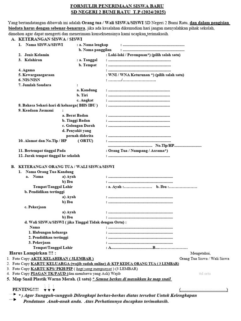 Formulir Penerimaan Siswa Baru | PDF | Olahraga & Rekreasi