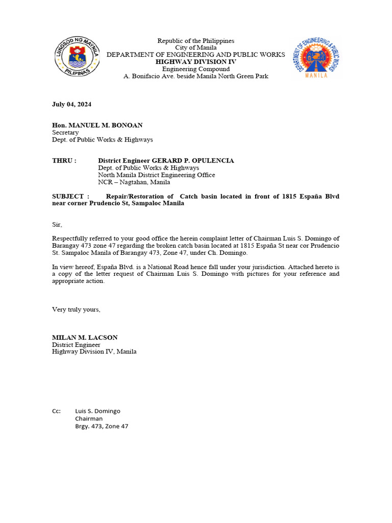 Indorsement Letter - DPWH | PDF | Manila | Metro Manila