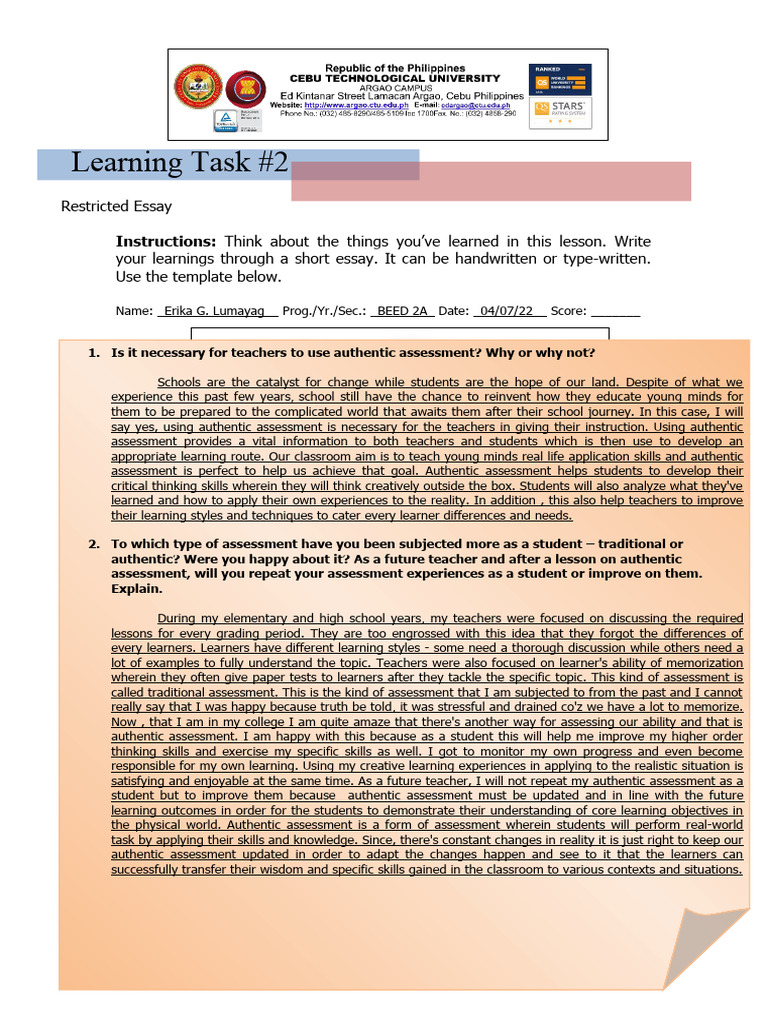 Learning Task 2 Assessment | PDF | Learning | Educational Assessment