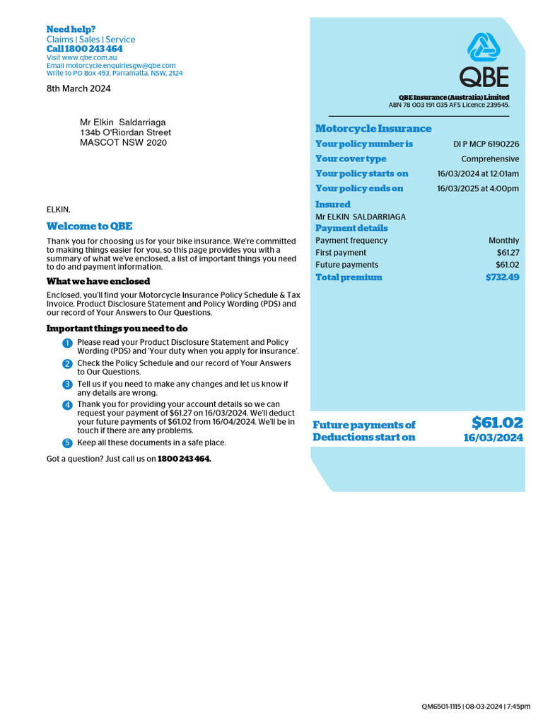 QBE Motorcycle Insurance Welcome Pack - DI P MCP 6190226 | PDF | Debit ...