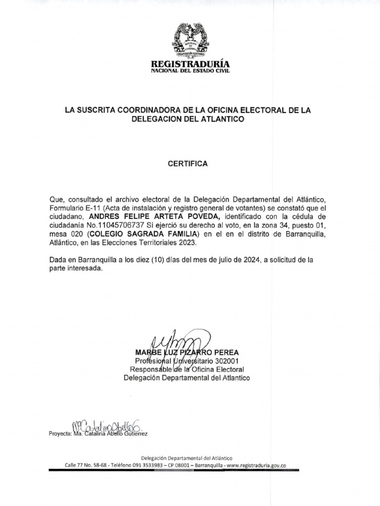 Cert. Electoral Andres Felipe Arteta Poveda - 0001 | PDF