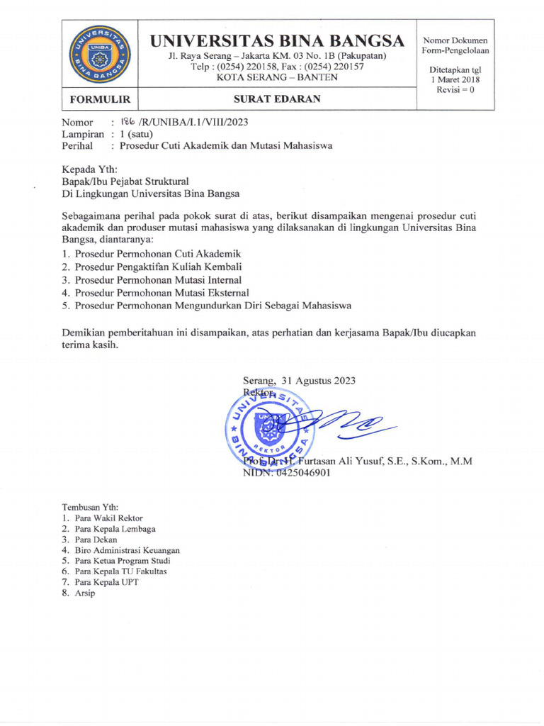 Prosedur Cuti Dan Mutasi Mahasiswa UNIBA | PDF