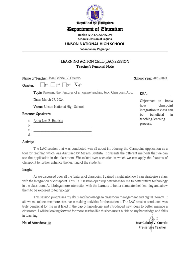 LAC Session Personal Notes CUERDO | PDF | Learning | Classroom