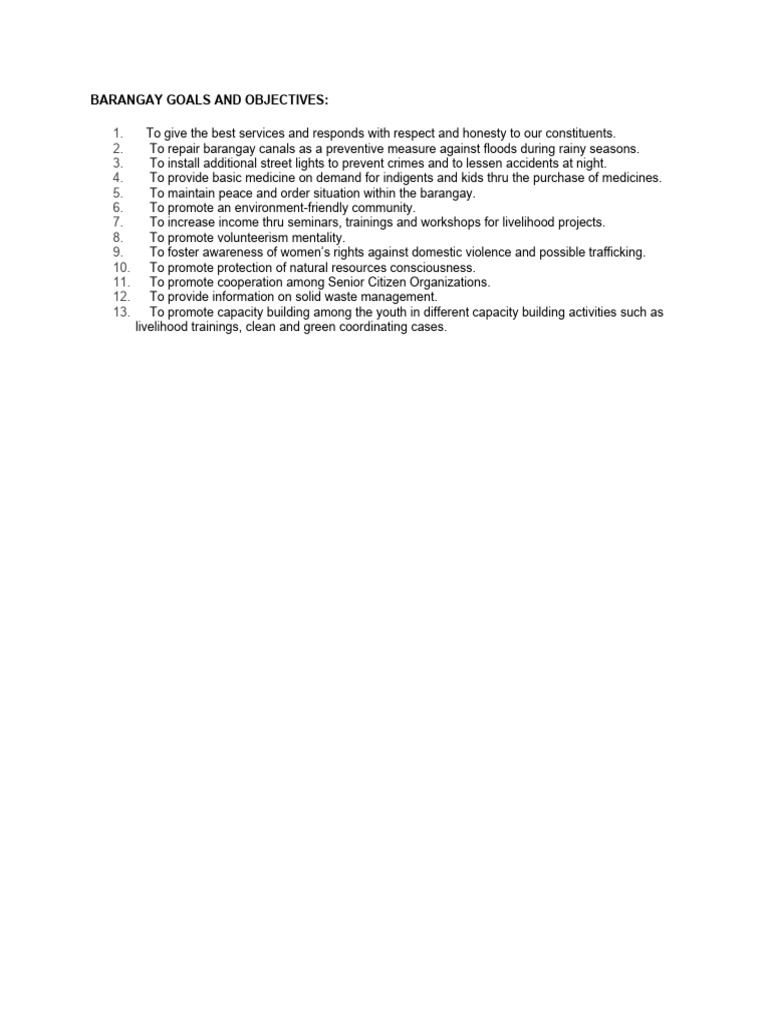 Barangay Goals and Objectives | PDF