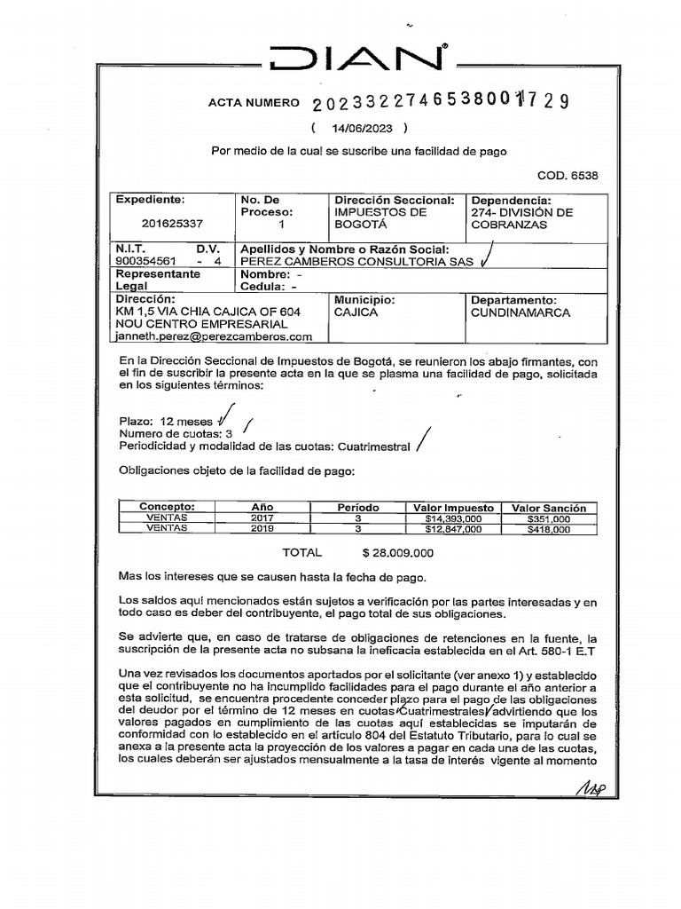 Acta Acuerdo de Pago DIAN PCC | PDF